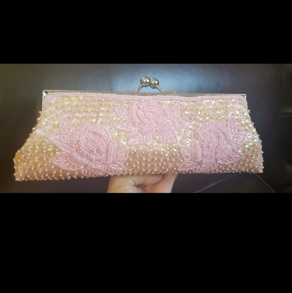 Bags | Embellished Beaded Sequin Pink Clutch Party Purse Rose Design ...